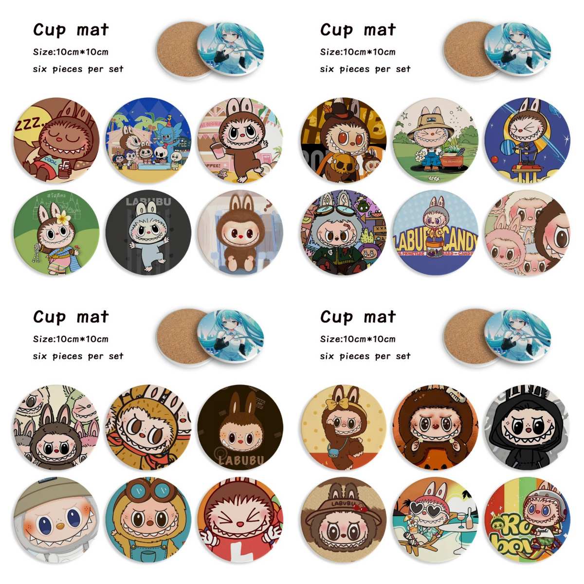 4 Styles 6PCS/SET POP MART Labubu Cartoon Ceramics Cup Mat Anime Coaster